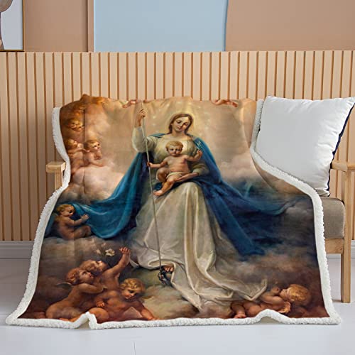 Bedmust Blue Virgin Angel Throw Blanket Virgin Maria Authentic Catholic Blankets Mother Blanket Flannel Fleece Throw Blanket (60x50 inches)
