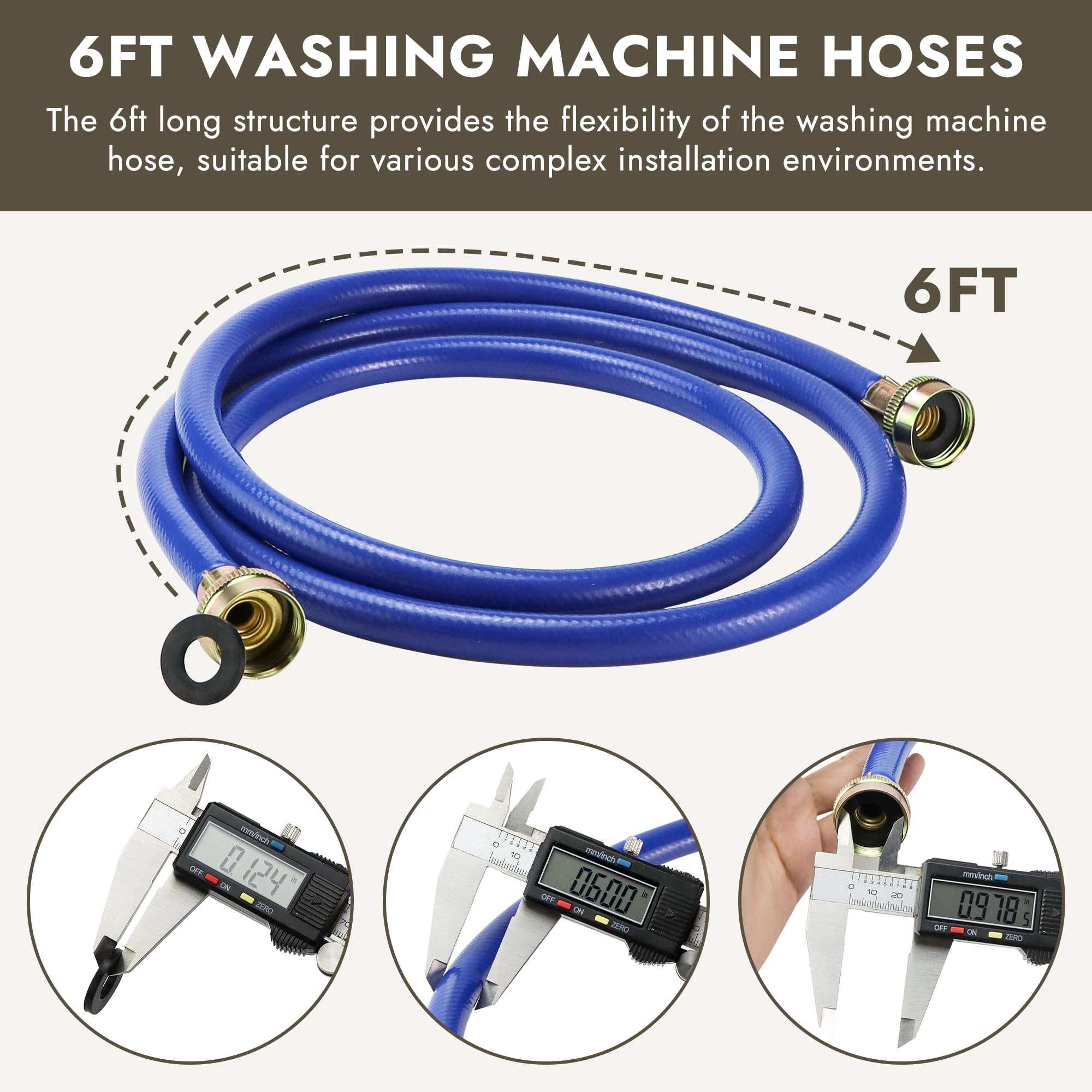 6 FT Rubber Washing Machine Hoses Burst Proof Water Supply Lines by AMI PARTS - for Hot and Cold Water Washer Hoses (2 PACK)