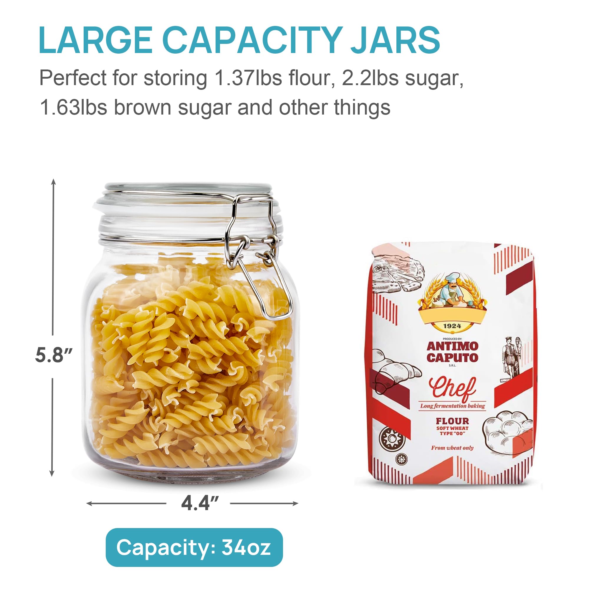 Vtopmart 34oz Glass Food Storage Jars with Airtight Clamp Lids, 3 Pack Kitchen Canisters for Flour, Cereal, Coffee, Pasta and Canning, Square Mason Jar with 8 Chalkboard Labels