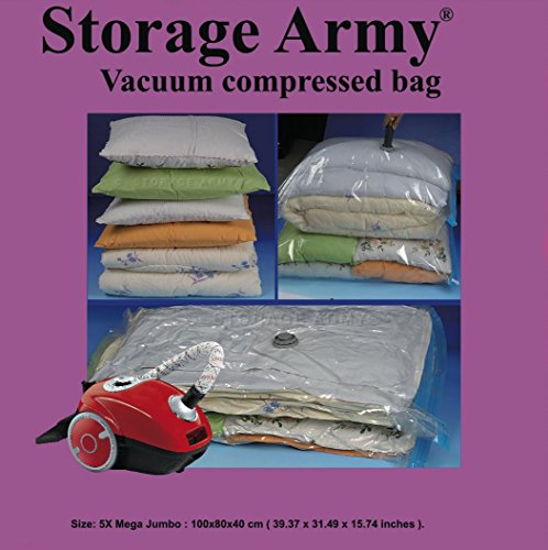 Storage Army [Pack of 5 Mega Jumbo Storage Bags Sealed Compressed Vacuum Bag Save Space Home Organizer & Travel Storage Saver Comforter Bags Protection Against Water | Odor | Mildew | Dust | Insects