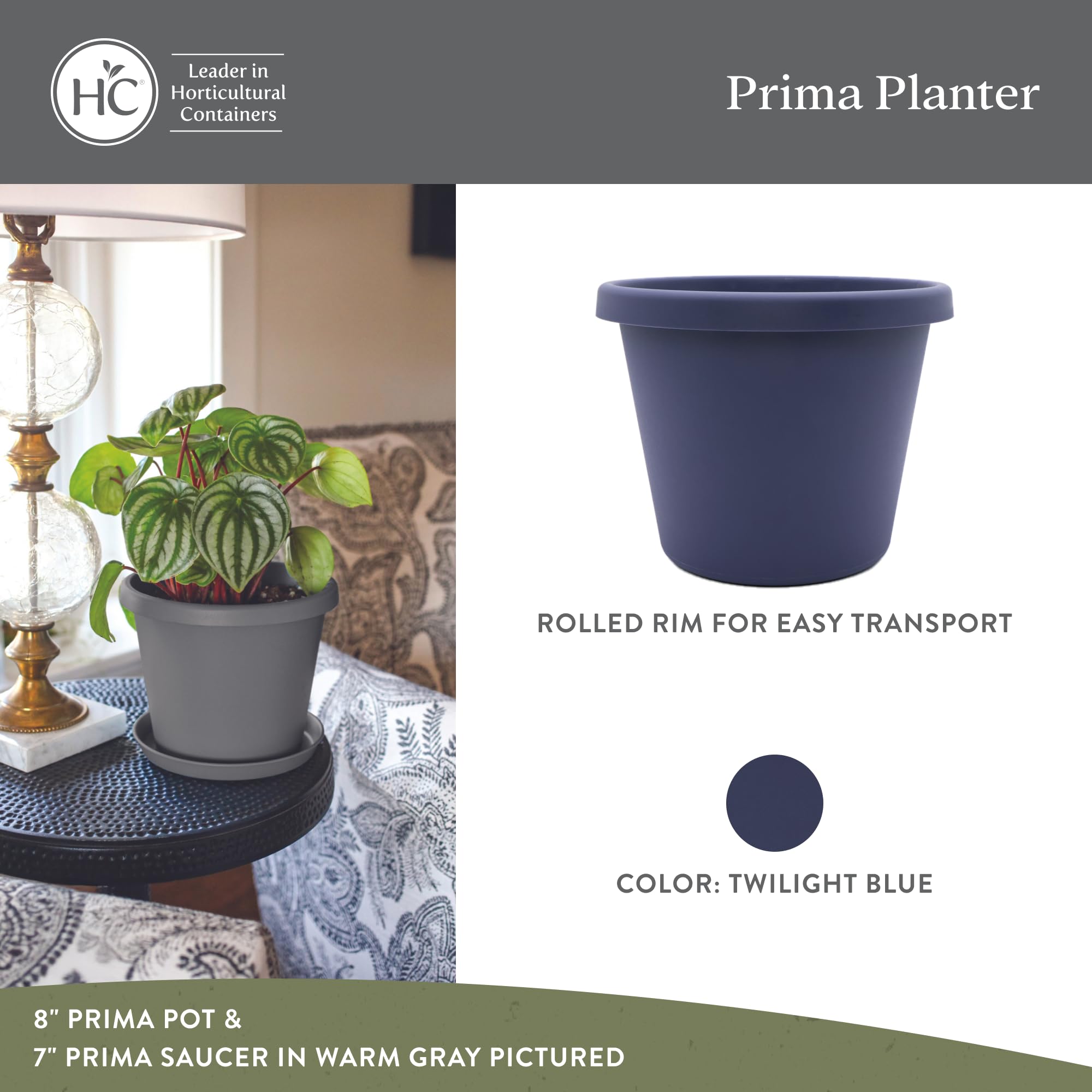 The HC Companies 10 Inch Round Prima Planter - Plastic Plant Pot with Rolled Rim for Indoor Outdoor Plants Flowers Herbs, Twilight Blue