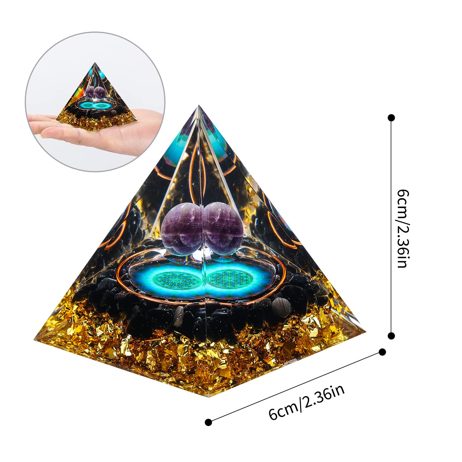 MXiiXM Orgone Pyramid for Positive Energy, Amethyst Crystal Ball Orgone Pyramid, Protection Crystals Energy Generator for Stress Reduce Healing Meditation Attract Wealth Lucky (Seed of Life)