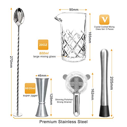 Lighten Life Cocktail Mixing Glass Set,Bar Mixing Set with 20oz Crystal Thick Bottom Glass,Spoon, Jigger,Strainer and Muddle,5 Pieces Cocktail Mixing Glass Kits Perfect for Amateurs and Bartenders
