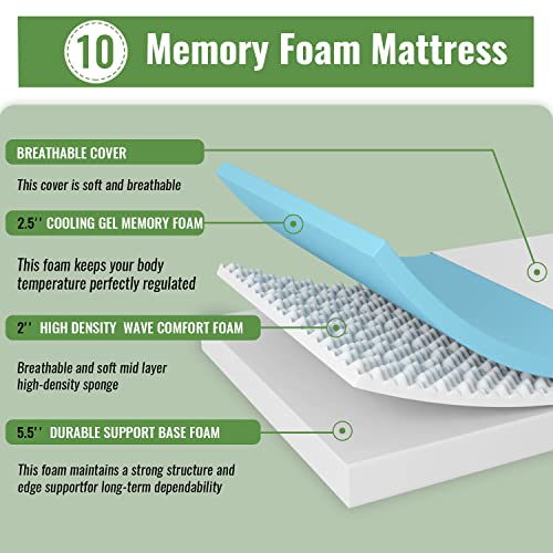 10 Inch Memory Foam Mattress Full Mattress Wave Comfort Foam Mattress CertiPUR-US Certified,Removable Soft Cover, mattresses for Bed Frame, Bunk Bed, Trundle, Daybed,White