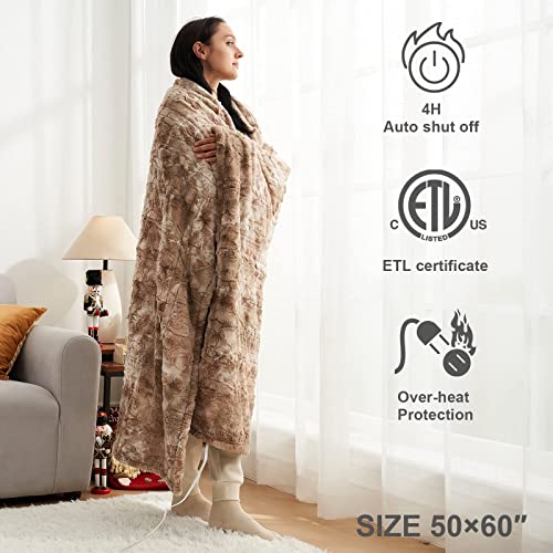 EHEYCIGA Heated Blanket Electric Throw Twin - Heating Blanket with 5 Heating Levels & 10 Hours Auto Off, Soft Cozy Sherpa Washable Electric Throw with Fast Heating, 62 x 84 Inches, Camel