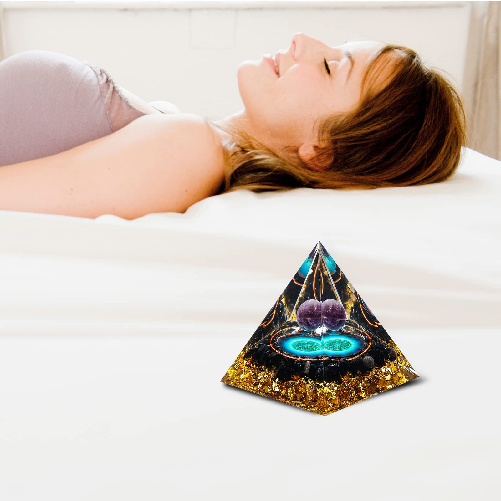 MXiiXM Orgone Pyramid for Positive Energy, Amethyst Crystal Ball Orgone Pyramid, Protection Crystals Energy Generator for Stress Reduce Healing Meditation Attract Wealth Lucky (Seed of Life)