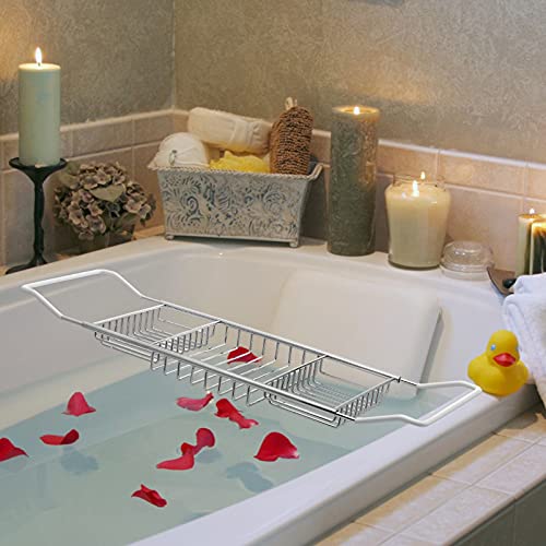 jojofuny Bathtub Caddy Tray Stainless Steel Bath Tub Shelf Non- slip Bath Tray Glass Cup Book Phone Soap Holder Bathroom Storage Organizer For Home SPA Silver
