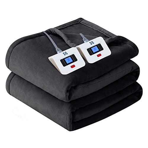 SEALY Heated Electric Blanket Queen Size, Flannel Electric Blanket with 10 Heating Levels & 1-12 Hours Auto Shut Off, Fast Heating Warming Blanket, Machine Washable, Grey, 84 x 90 Inch