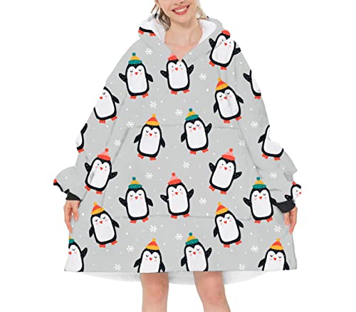 Wearable Blanket Hoodie for Women Men Adults, Teens Sherpa Fleece Oversized Hooded Sweatshirt Blanket with Pockets -Cute Penguin