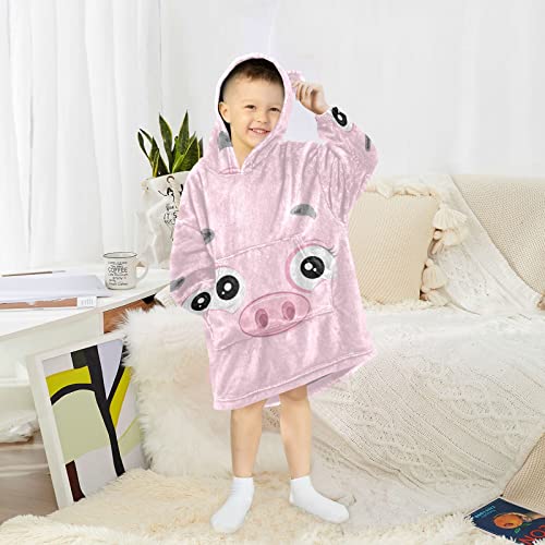 Kigai Happy Pig Wearable Blanket Hoodie,Double-Layer Flannel Soft Warm Sweatshirt Blanket for Men Women Kids