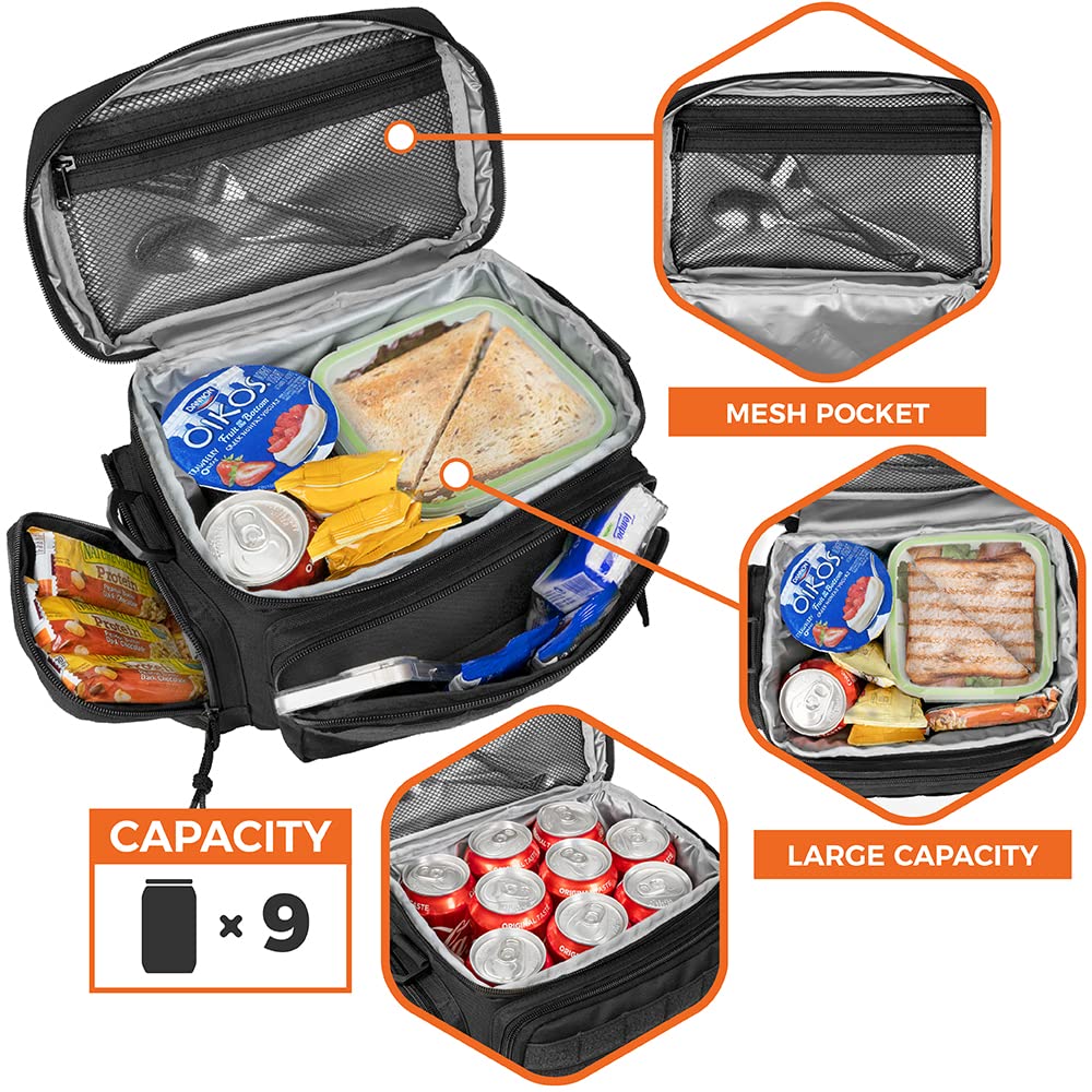 opux Tactical Lunch Box for Men, Insulated Lunch Bag for Men Adult, Large Soft Lunch Cooler with MOLLE Mesh Side Pockets, Heavy Duty Mens Tactical Lunchbox Pail for Work Meal Prep (Black)