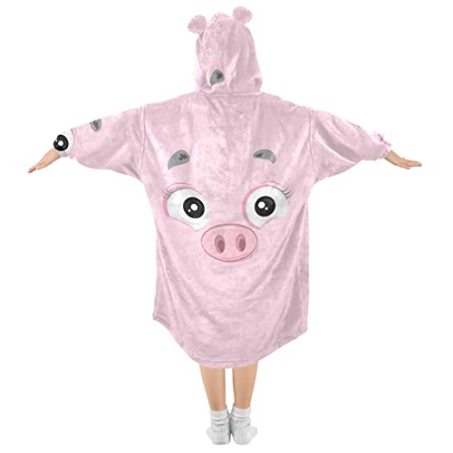 Kigai Happy Pig Wearable Blanket Hoodie,Double-Layer Flannel Soft Warm Sweatshirt Blanket for Men Women Kids