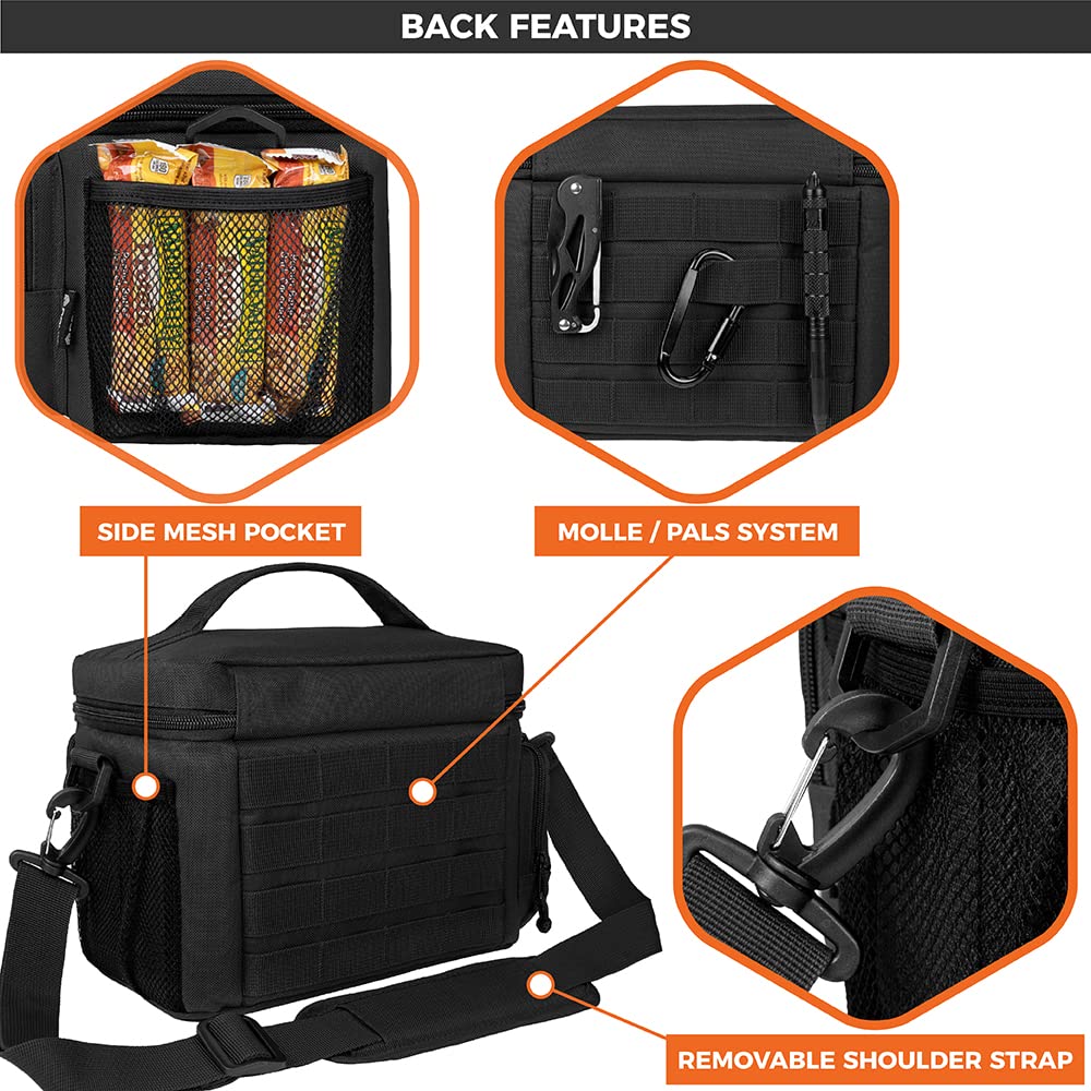 opux Tactical Lunch Box for Men, Insulated Lunch Bag for Men Adult, Large Soft Lunch Cooler with MOLLE Mesh Side Pockets, Heavy Duty Mens Tactical Lunchbox Pail for Work Meal Prep (Black)