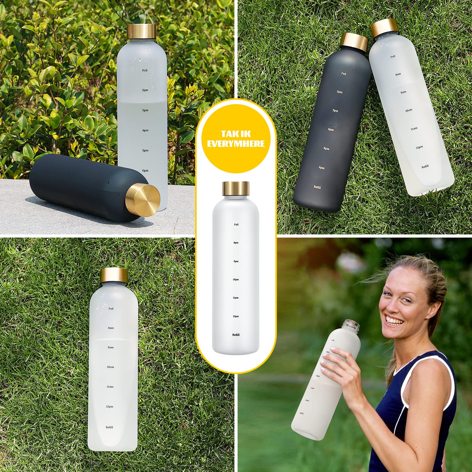 MUCR 32 oz Water Bottle With Time Marker, Motivational Clear Water Bottles, Lightweight and Frosted, BPA Free for Gym, Sport, Outdoors, White