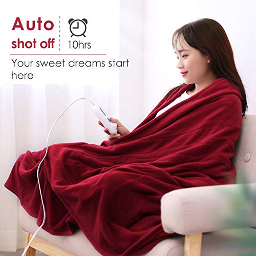 Electric Heated Blanket Twin Size 62'' x 84'' Super Cozy Soft Fleece Fast Heating & ETL Certification with 10 Hours Auto-Off & 4 Heating Levels - Red Wine