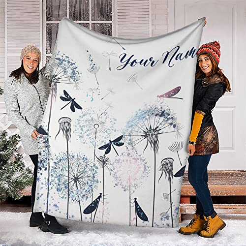 Personalized Dragonfly Blanket - Fleece Sherpa Throw Blanket, Custom Name Soft Cozy Fluffy Flowers Fuzzy Blanket Caring Gift for Women & Adults for Mother's Day, Birthday Christmas