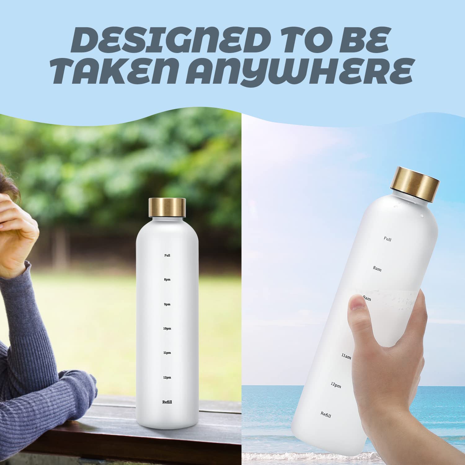 MUCR 32 oz Water Bottle With Time Marker, Motivational Clear Water Bottles, Lightweight and Frosted, BPA Free for Gym, Sport, Outdoors, White