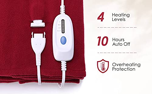 Electric Heated Blanket Twin Size 62'' x 84'' Super Cozy Soft Fleece Fast Heating & ETL Certification with 10 Hours Auto-Off & 4 Heating Levels - Red Wine