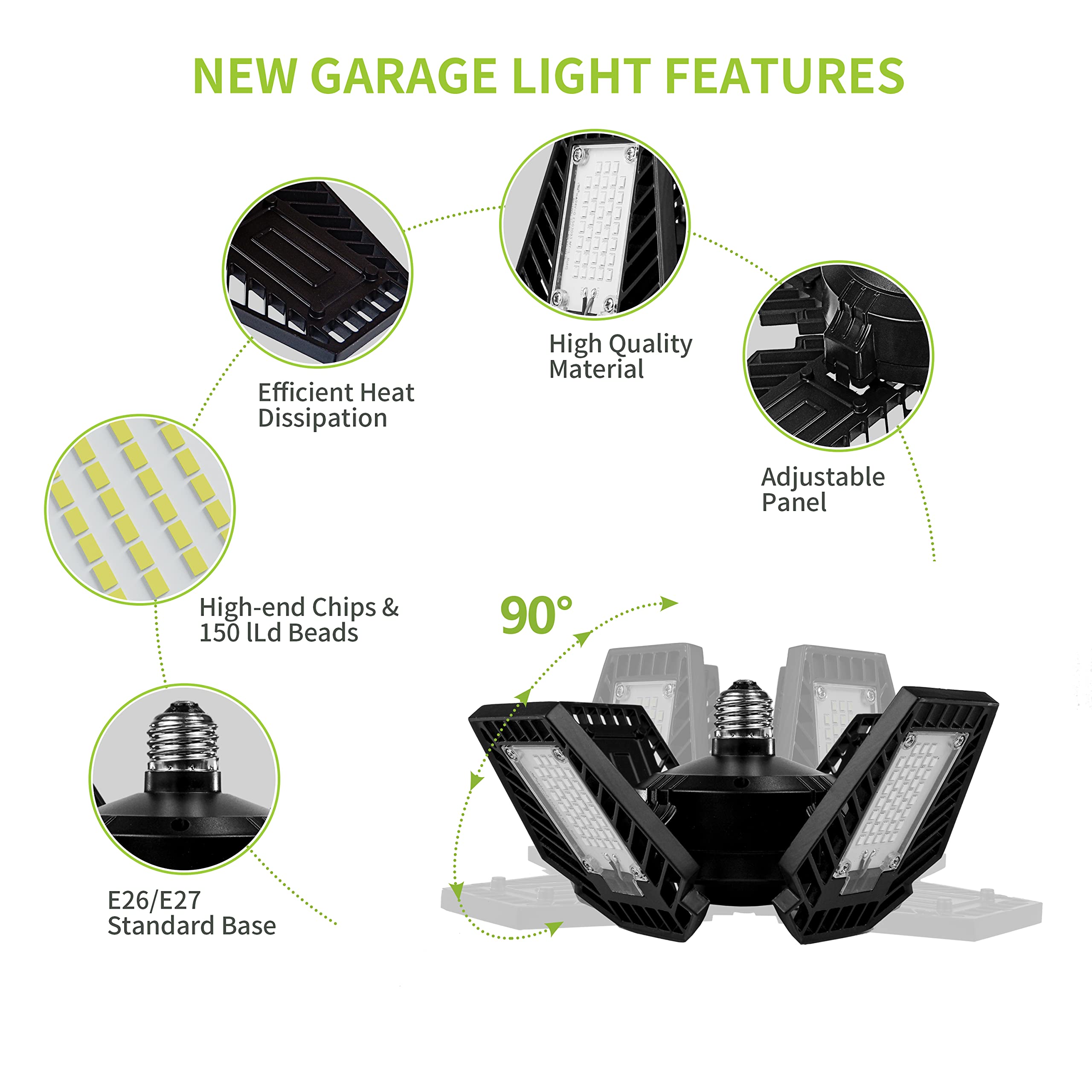 Pinegreen Lighting Led Garage Light, 100w 12000lm Garage Ceiling Lights, 6500k E26/E27 Led Shop Light with 4 Adjustable Panels for Garage Workshop Warehouse Basement High Bay Light