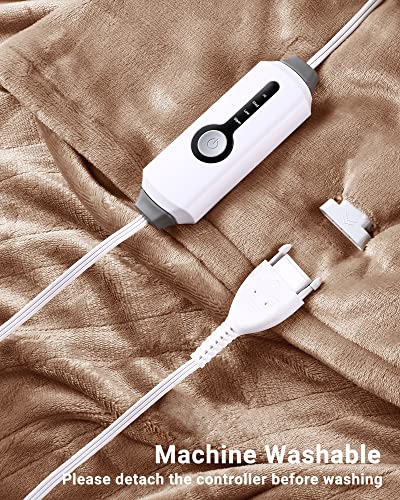 Heated Blanket 62 x 84 Inches Double Sided Extremely Soft Flannel Electric Blanket Twin Size Machine Washable Fast Heating with 4 Heating Levels & 10 Hours Auto Off, Home Office Use, Light Brown