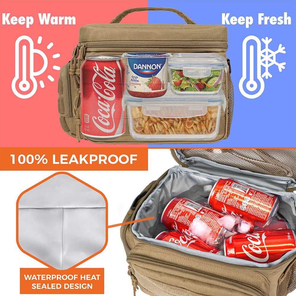 opux Tactical Lunch Box for Men, Insulated Lunch Bag for Men Adult, Large Soft Lunch Cooler with MOLLE Mesh Side Pockets, Heavy Duty Mens Tactical Lunchbox Pail for Work Meal Prep (Tan)