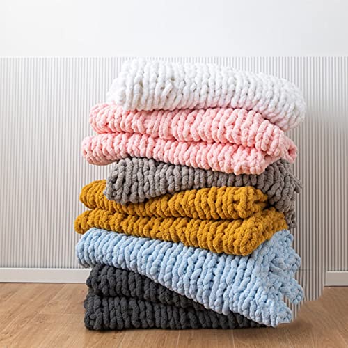 huraty Chunky Knit Blanket Light Pink Chenille Yarn Tight Chunky Knit Throw Blanket for Sofa Bed 39x39 Handmade Boho Bed Throw