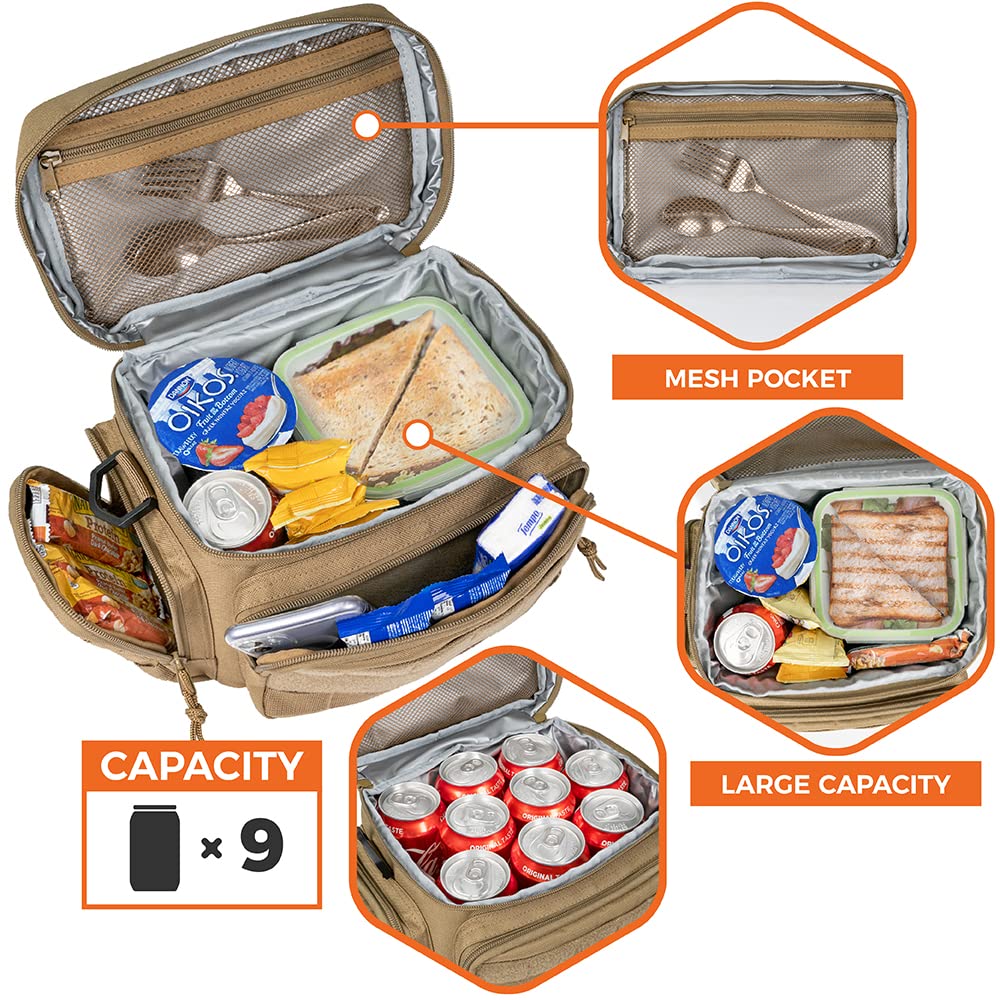 opux Tactical Lunch Box for Men, Insulated Lunch Bag for Men Adult, Large Soft Lunch Cooler with MOLLE Mesh Side Pockets, Heavy Duty Mens Tactical Lunchbox Pail for Work Meal Prep (Tan)