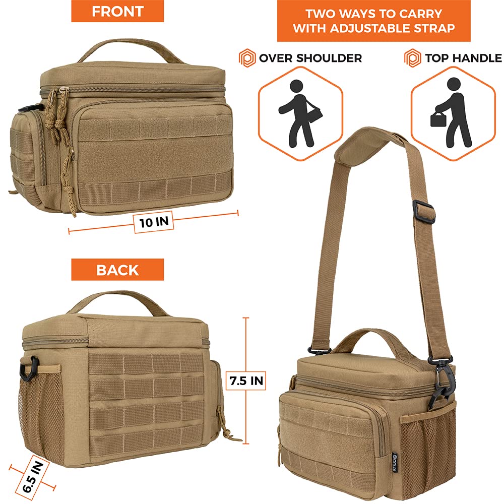 opux Tactical Lunch Box for Men, Insulated Lunch Bag for Men Adult, Large Soft Lunch Cooler with MOLLE Mesh Side Pockets, Heavy Duty Mens Tactical Lunchbox Pail for Work Meal Prep (Tan)