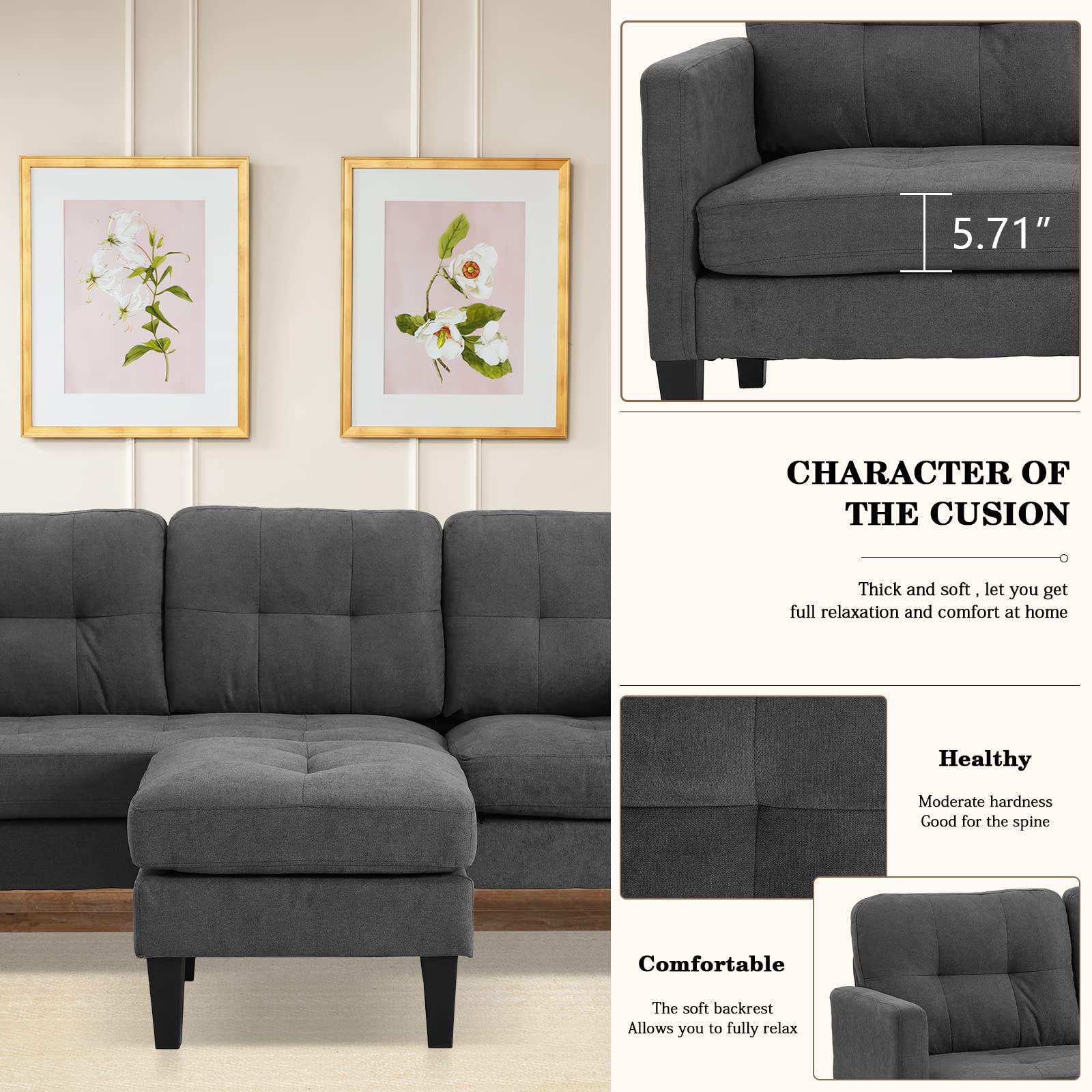 TITIMO Convertible Sectional Sofa Couch, L Shaped Sofa with Reversible Chaise Convertible Sectional Couch 3-Seater Modern Small Couches for Small Space (Grey)