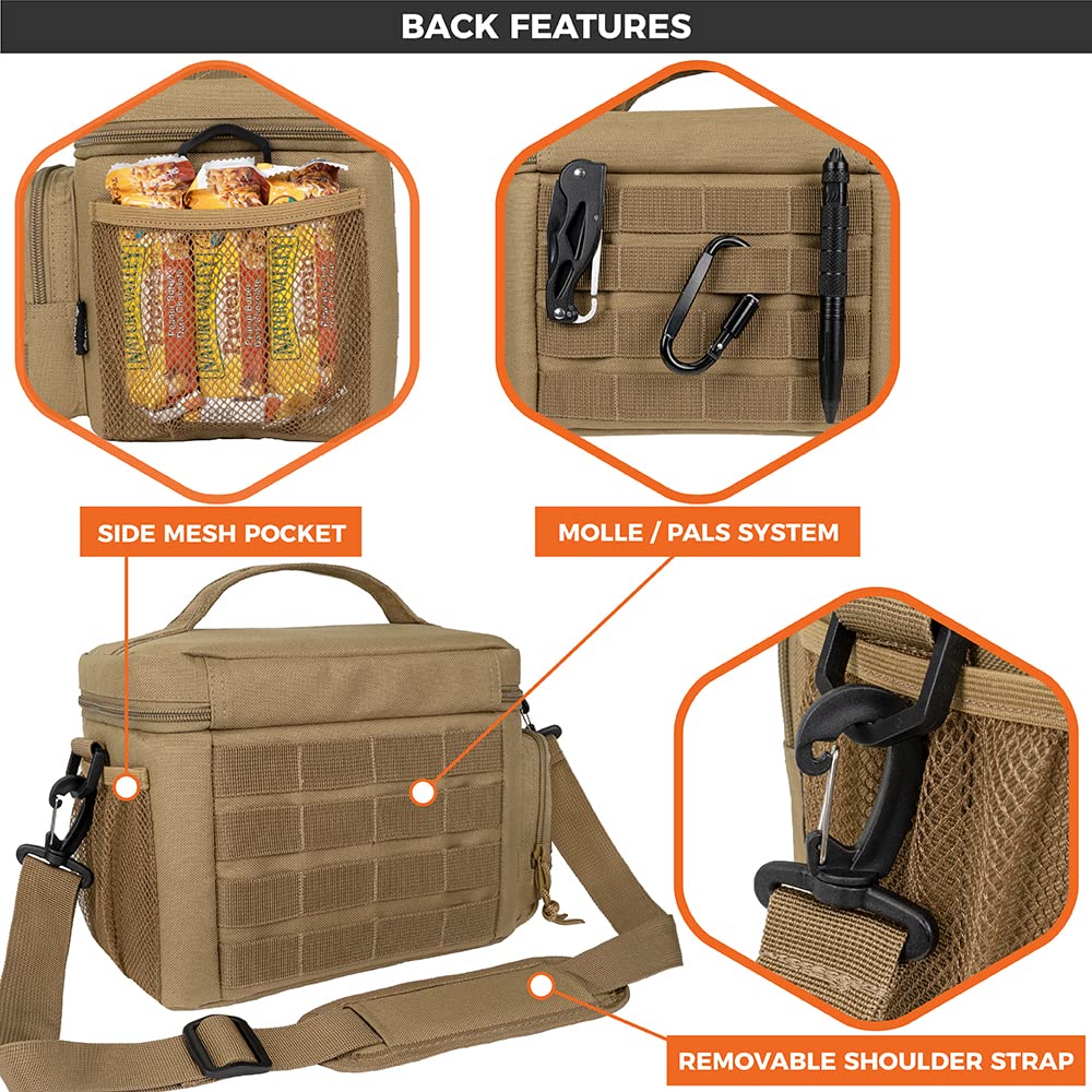 opux Tactical Lunch Box for Men, Insulated Lunch Bag for Men Adult, Large Soft Lunch Cooler with MOLLE Mesh Side Pockets, Heavy Duty Mens Tactical Lunchbox Pail for Work Meal Prep (Tan)