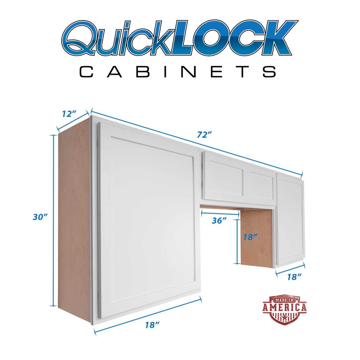 Quicklock Laundry Room Cabinets | 72" - 84" Wide | Shaker Style | Soft Close Hardware (Pure White, 12" D x 72" W x 30" H)