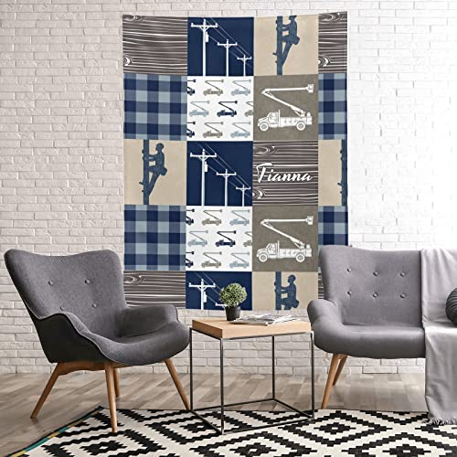 Personalized Lineman Plaid Patchwork Blanket with Name Text Custom Super Soft Fleece Throw Blankets for Couch Sofa Bed 50 X 60 inches