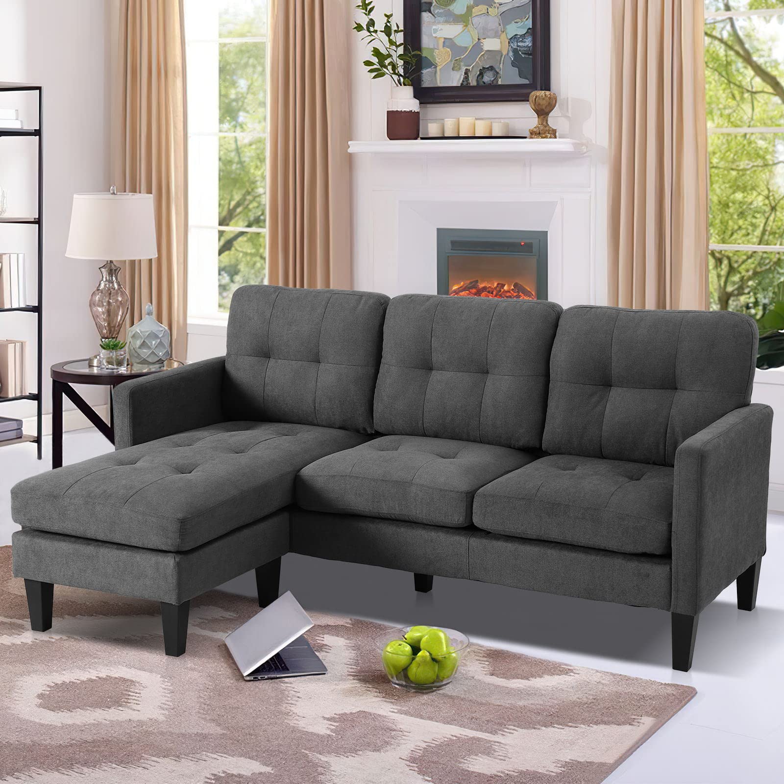 TITIMO Convertible Sectional Sofa Couch, L Shaped Sofa with Reversible Chaise Convertible Sectional Couch 3-Seater Modern Small Couches for Small Space (Grey)