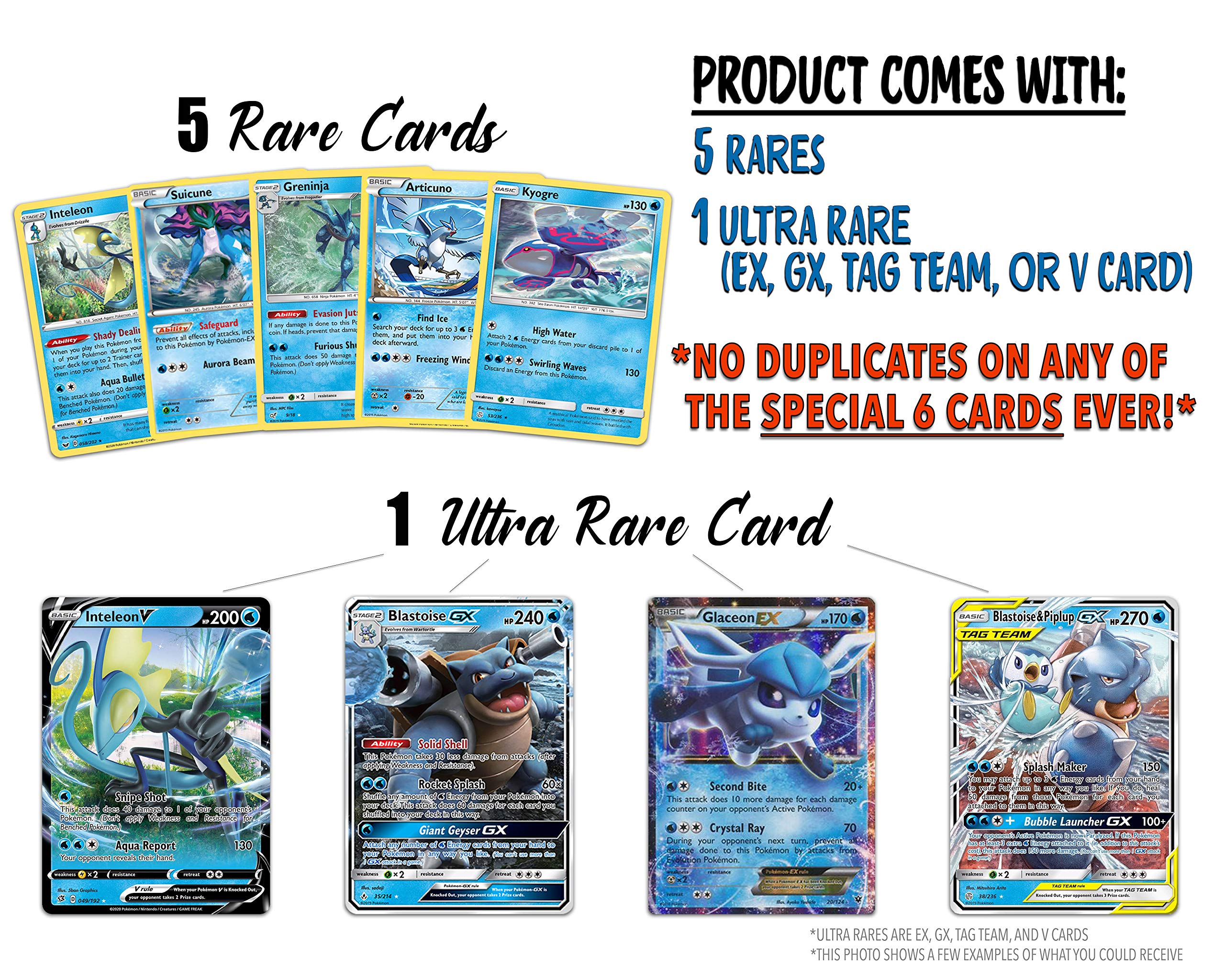 Lightning Card Collection Water Collection - 50 Assorted Cards Plus 5 Rare Water Cards and 1 Water Ultra-Rare Card with LCC Box Compatible with Pokemon Cards