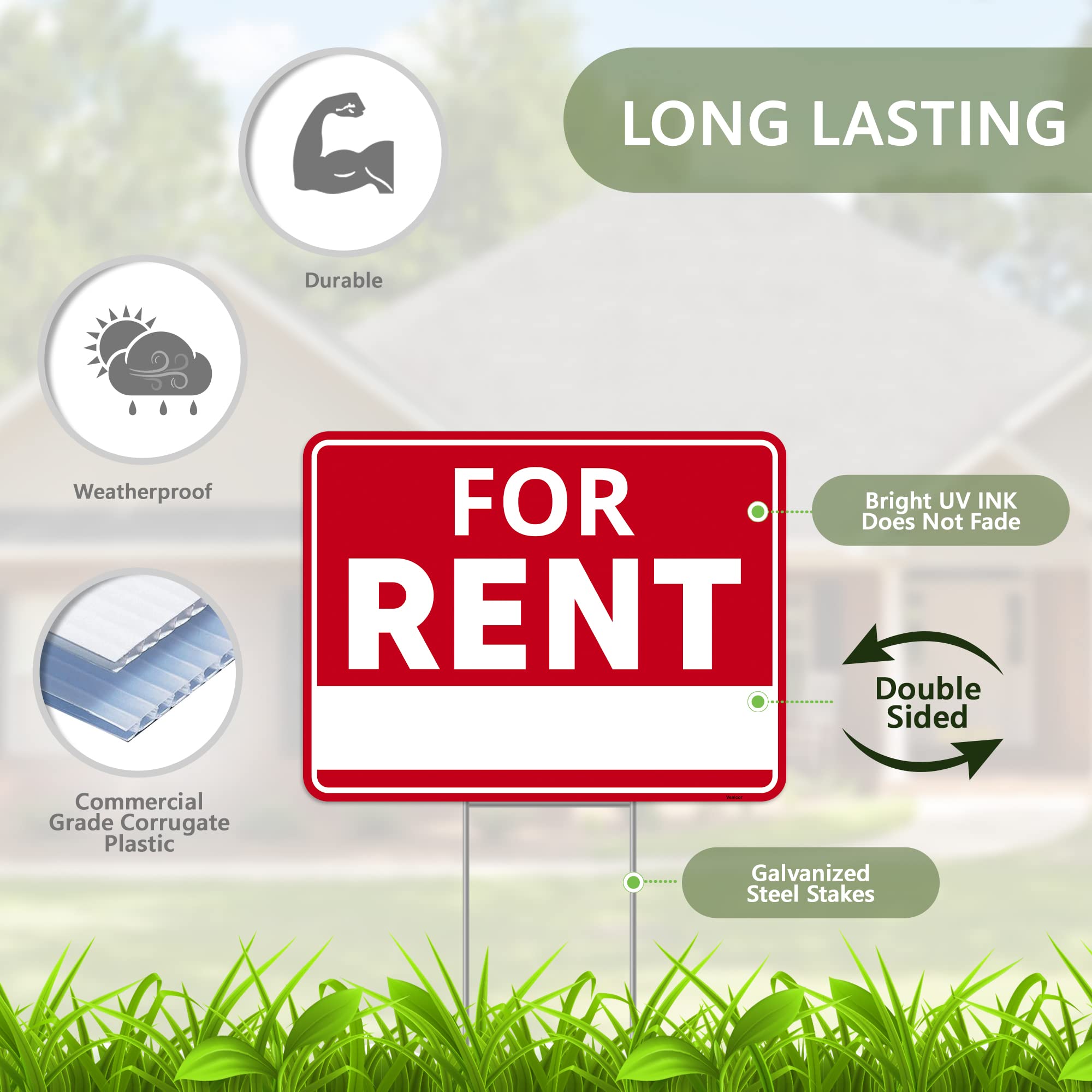 2PC For Rent Sign with Stand, 17 Inches by 13 Inches - Double Sided Signs - Corrugated Plastic - For Rent Yard Sign with Stake