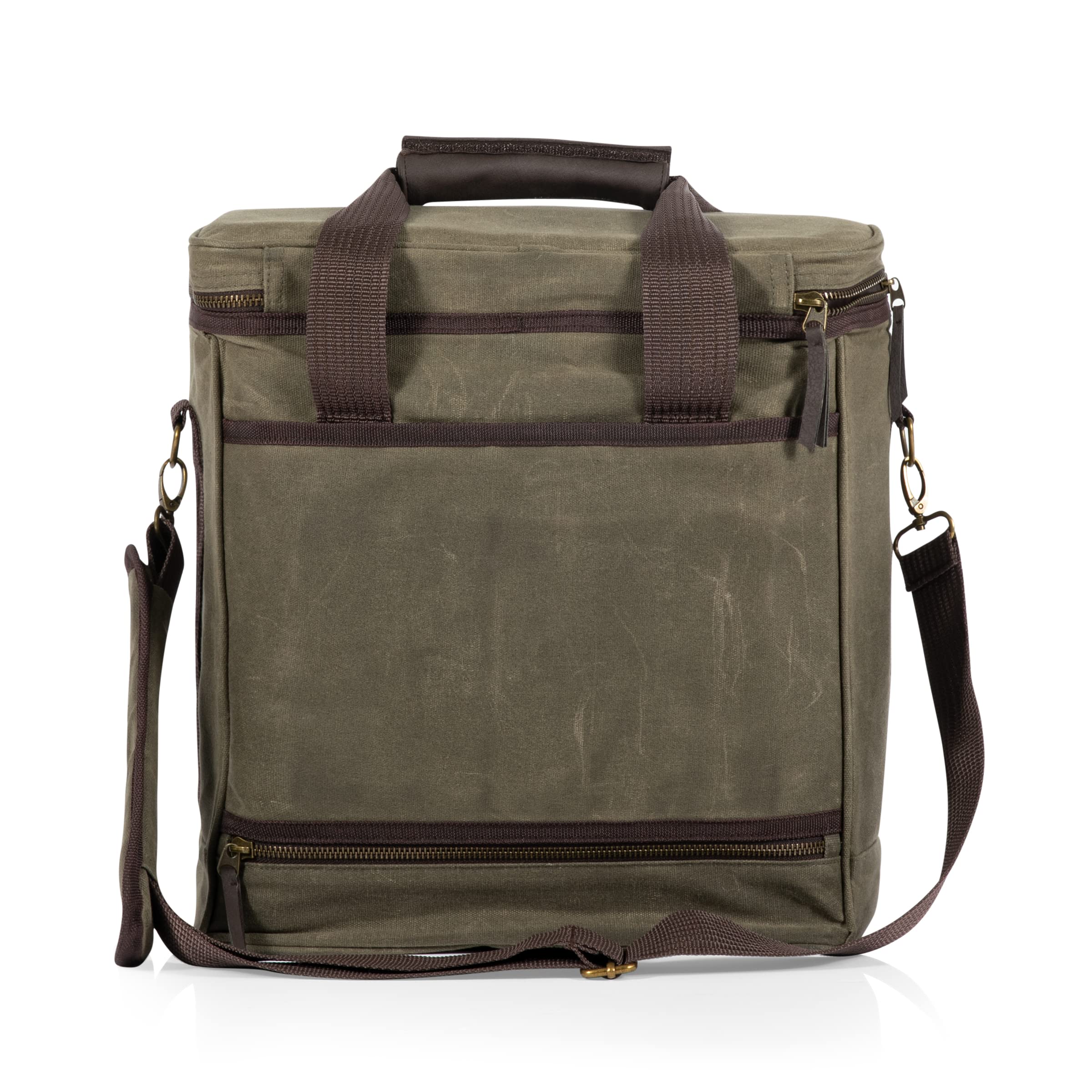 LEGACY - a Picnic Time Brand - Weekender Distressed Waxed Canvas 6 Bottle Insulated Wine Bag, Soft Cooler Wine Tote Bag, Wine Picnic Bag, (Khaki Green)