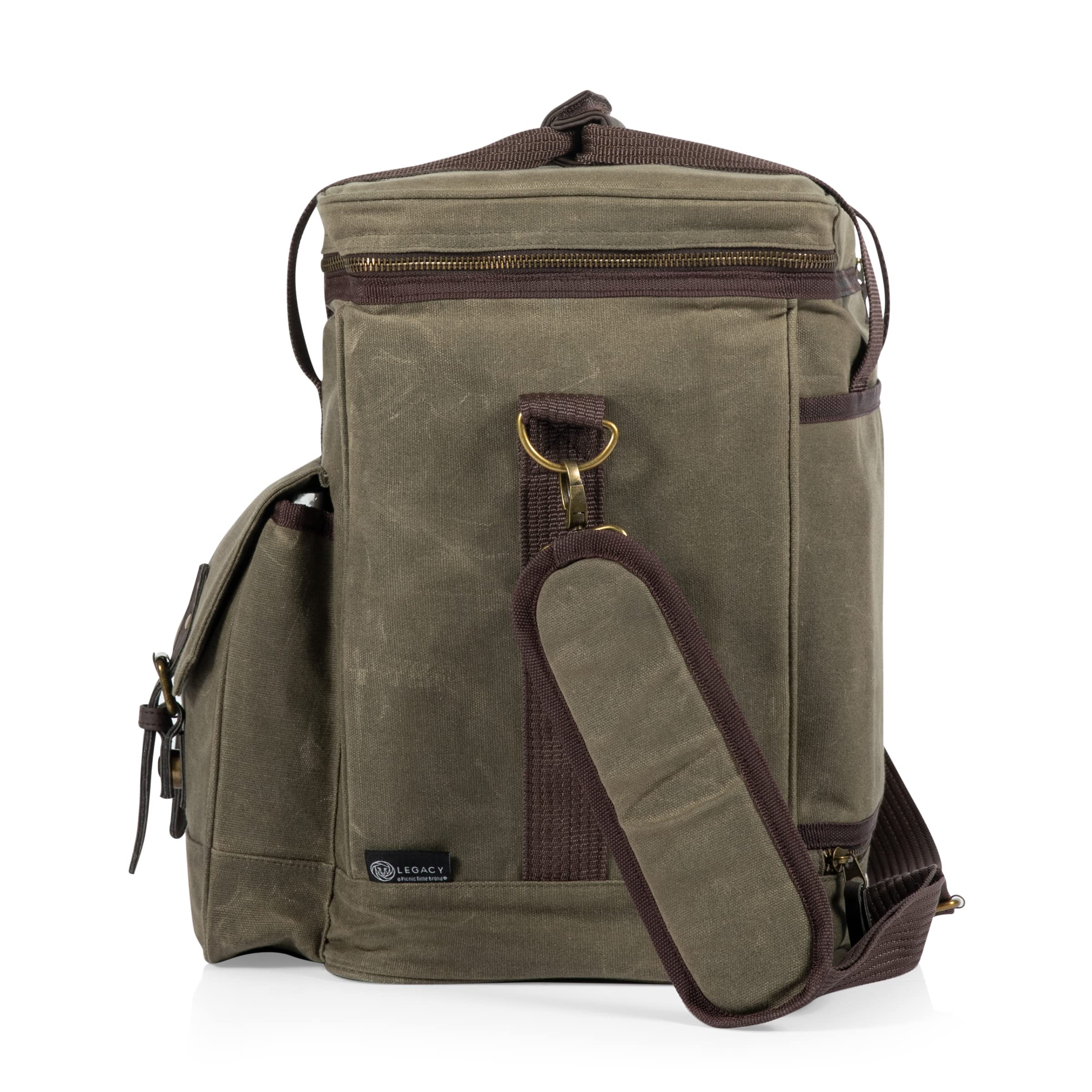 LEGACY - a Picnic Time Brand - Weekender Distressed Waxed Canvas 6 Bottle Insulated Wine Bag, Soft Cooler Wine Tote Bag, Wine Picnic Bag, (Khaki Green)