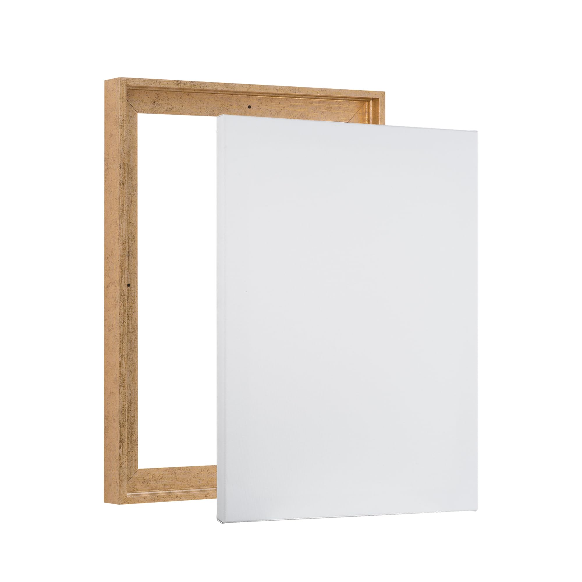 Combo Pack: Floater Frame + 8x10 inch Stretched Canvas for Painting, 1-3/8" Thick Frame + 3/4" Deep Blank Canvas with 12oz Primed 100% Cotton Canvas Fabric (Scratched Gold & Cream, 8 x 10 inch)