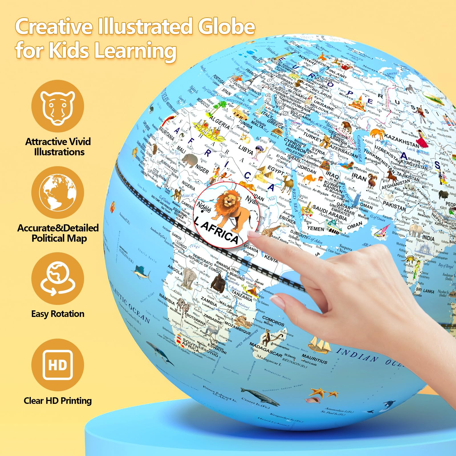 JOWHOL 8'' Illuminated Globe for Children with 100s Interesting Animal Illustrations - Built-in LED Night Light, World Globe for Kids Learning and Educational Toys Gifts for Boys & Girls, Ages 4+