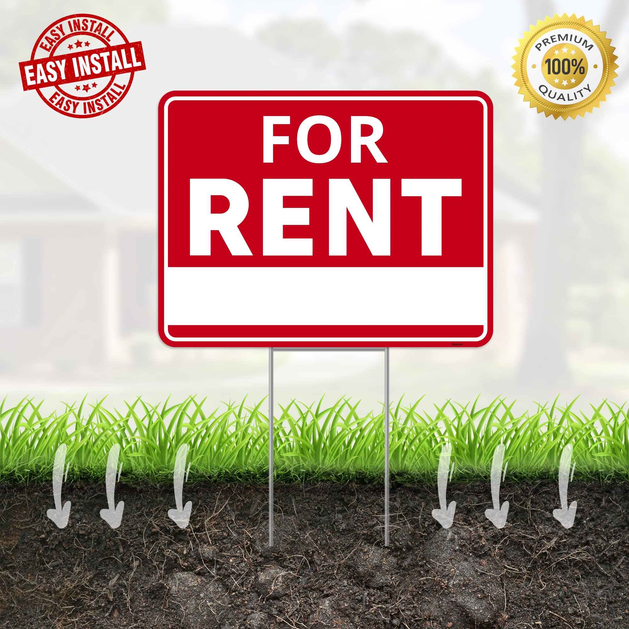 2PC For Rent Sign with Stand, 17 Inches by 13 Inches - Double Sided Signs - Corrugated Plastic - For Rent Yard Sign with Stake
