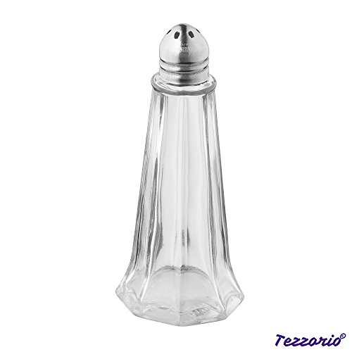 (Set of 12) 1 oz. Tower Salt and Pepper Shakers, Tall Glass Body Mini Salt and Pepper Shakers for Restaurant by Tezzorio