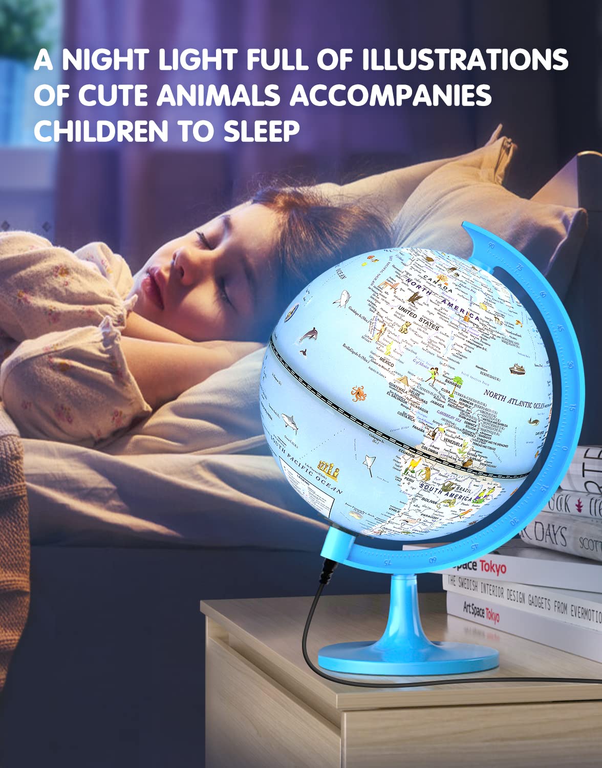 JOWHOL 8'' Illuminated Globe for Children with 100s Interesting Animal Illustrations - Built-in LED Night Light, World Globe for Kids Learning and Educational Toys Gifts for Boys & Girls, Ages 4+