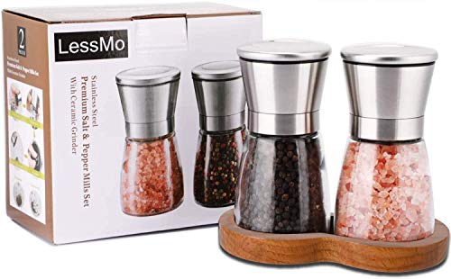 LessMo Salt and Pepper Grinder Set with Wooden Standing Tray, Refillable Pepper Mill Set - Brushed Stainless Steel - Short Glass Shakers with Adjustable Coarseness for Peppercorn, Salt or Spice Mill
