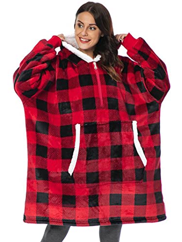 Fantaslook Wearable Blankets Quarter Zipper Blanket Hoodie Microfiber & Sherpa Oversized Sweatshirt for Women & Men(Checkered)