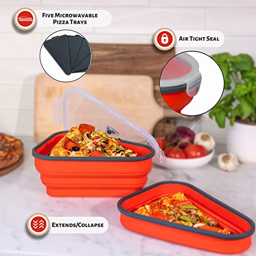 The Perfect Pizza Pack™ - Reusable Pizza Storage Container with 5 Microwavable Serving Trays - BPA-Free Adjustable Pizza Slice Container to Organize & Save Space, Red
