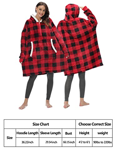 Fantaslook Wearable Blankets Quarter Zipper Blanket Hoodie Microfiber & Sherpa Oversized Sweatshirt for Women & Men(Checkered)