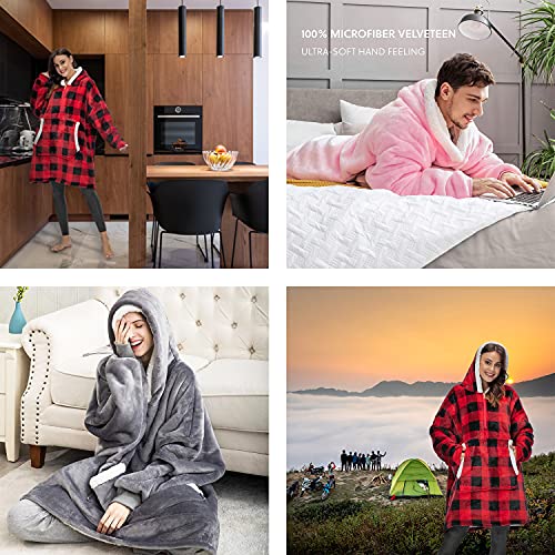 Fantaslook Wearable Blankets Quarter Zipper Blanket Hoodie Microfiber & Sherpa Oversized Sweatshirt for Women & Men(Checkered)