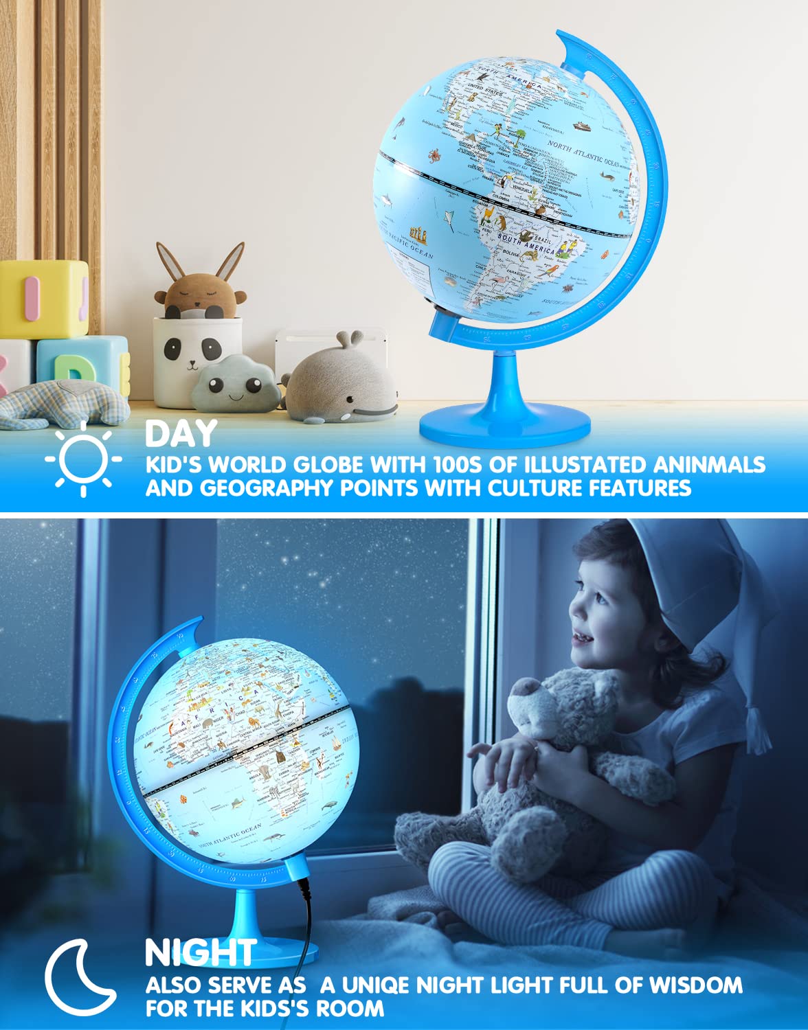 JOWHOL 8'' Illuminated Globe for Children with 100s Interesting Animal Illustrations - Built-in LED Night Light, World Globe for Kids Learning and Educational Toys Gifts for Boys & Girls, Ages 4+