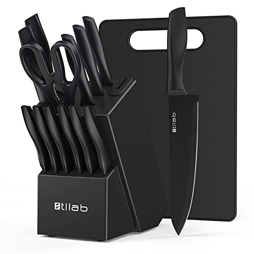 Stllab Knife Set with Cutting Board, 15 Pcs Kitchen Knife Set with Built-in Sharpener Block, Knife Set with 6 Steak Knives, Black