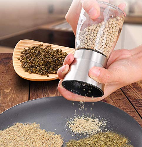 LessMo Salt and Pepper Grinder Set with Wooden Standing Tray, Refillable Pepper Mill Set - Brushed Stainless Steel - Short Glass Shakers with Adjustable Coarseness for Peppercorn, Salt or Spice Mill